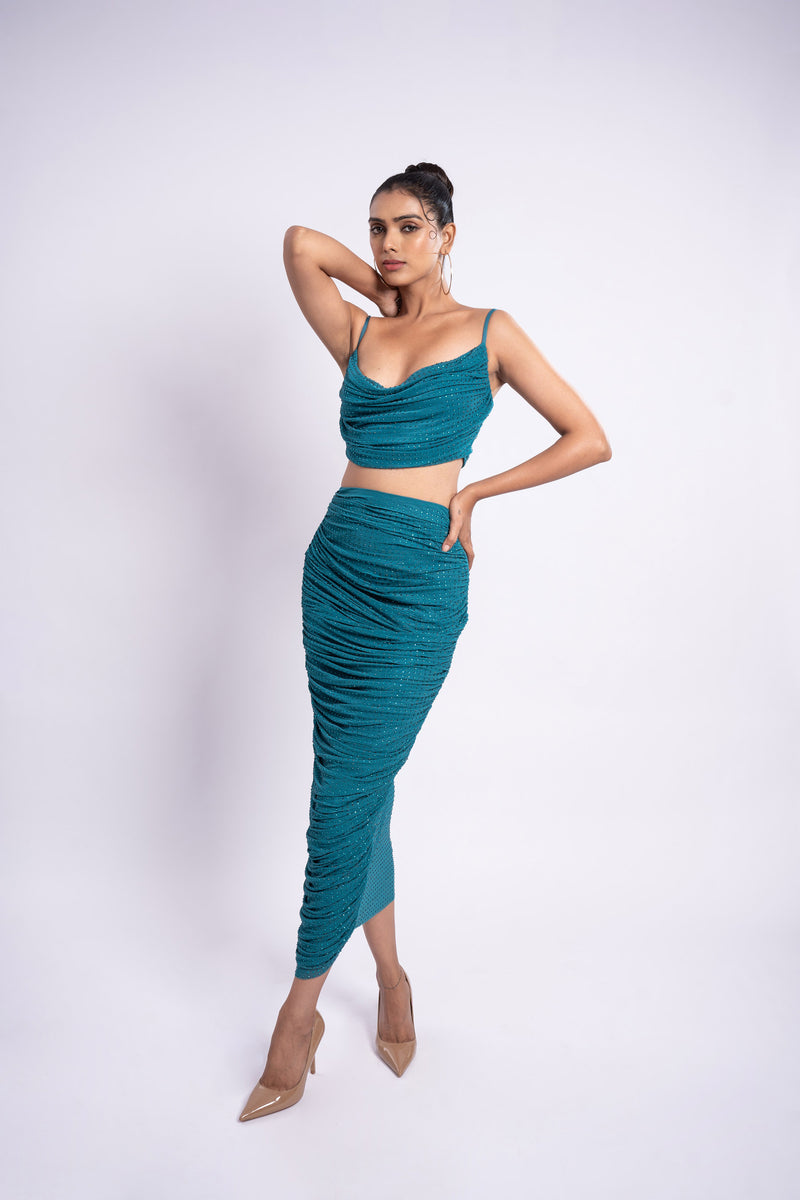 Rhinestone Mesh Ruched Crop Top and Midi Skirt Set